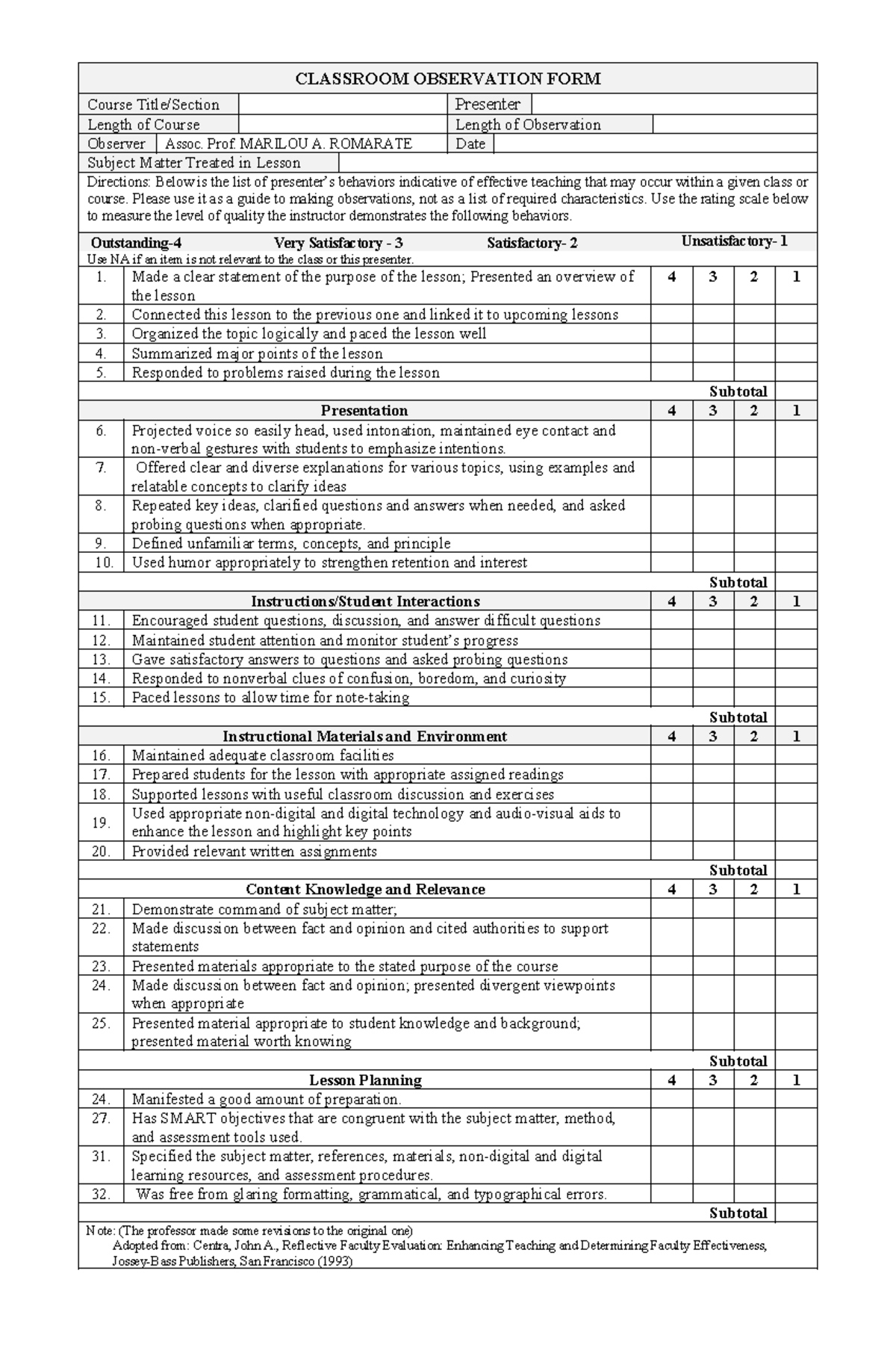CLASSROOM OBSERVATION FORM: Effective Teaching Rubrics (N/A) - Studocu