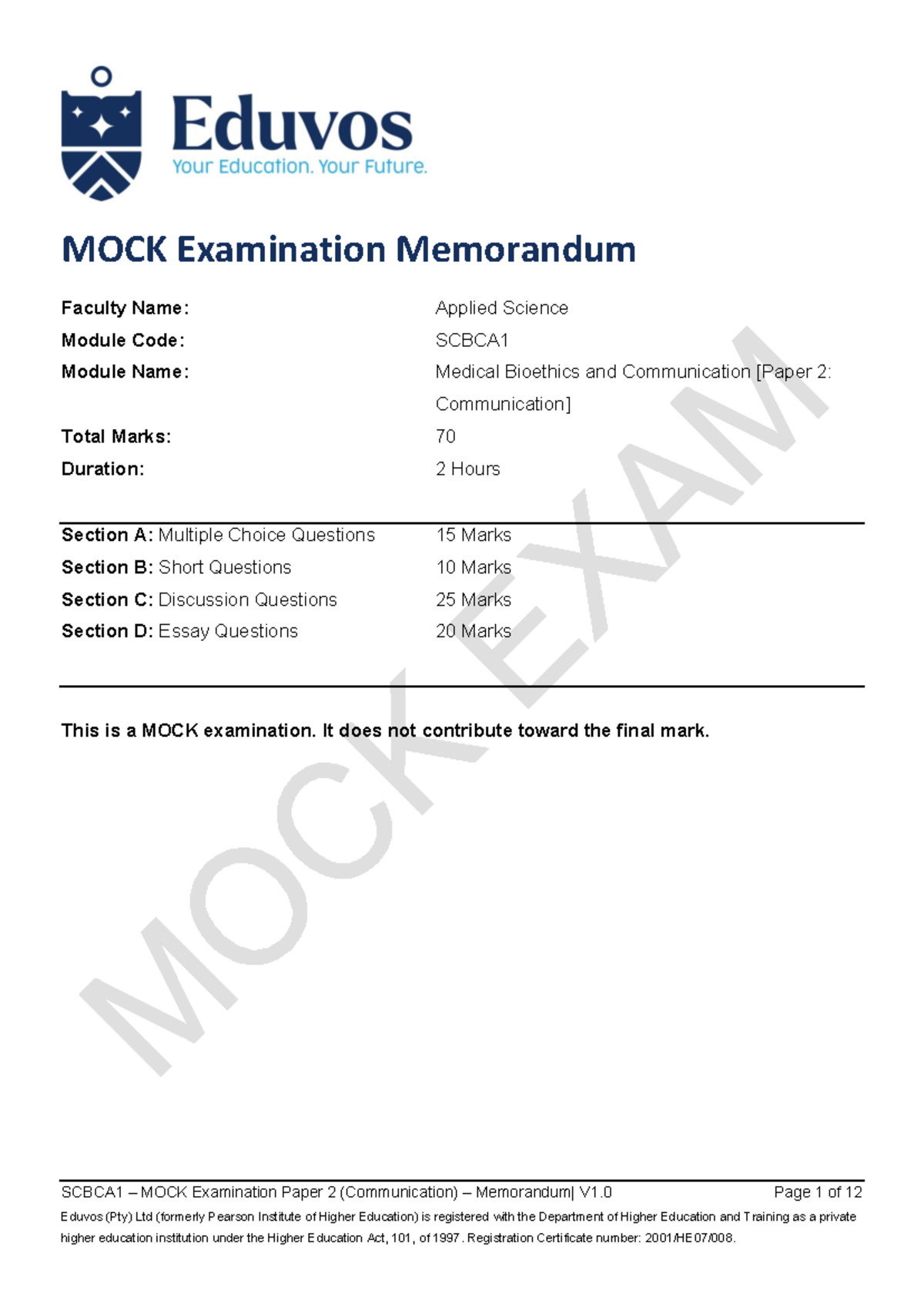 SCBCA1 MOCK Exam Memorandum: Medical Bioethics & Communication - Studocu