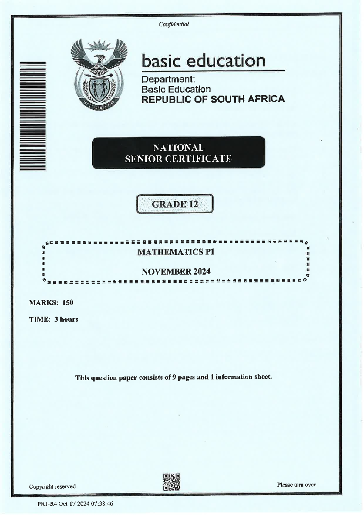 NSC Gr12 Maths P1 Question Paper Nov 2024 - Detailed Instructions and ...