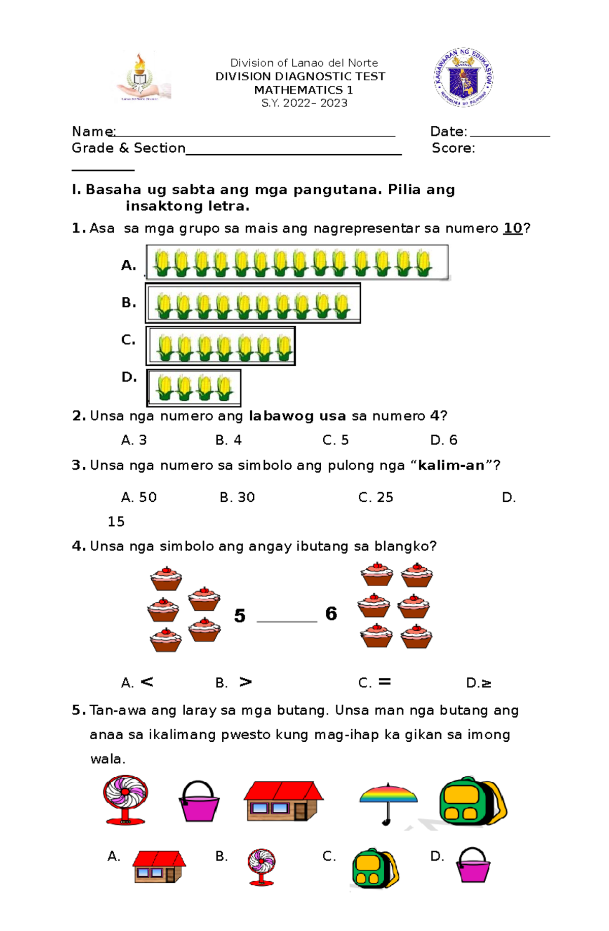 Math 1 Binisaya final - Division of Lanao del Norte DIVISION DIAGNOSTIC ...