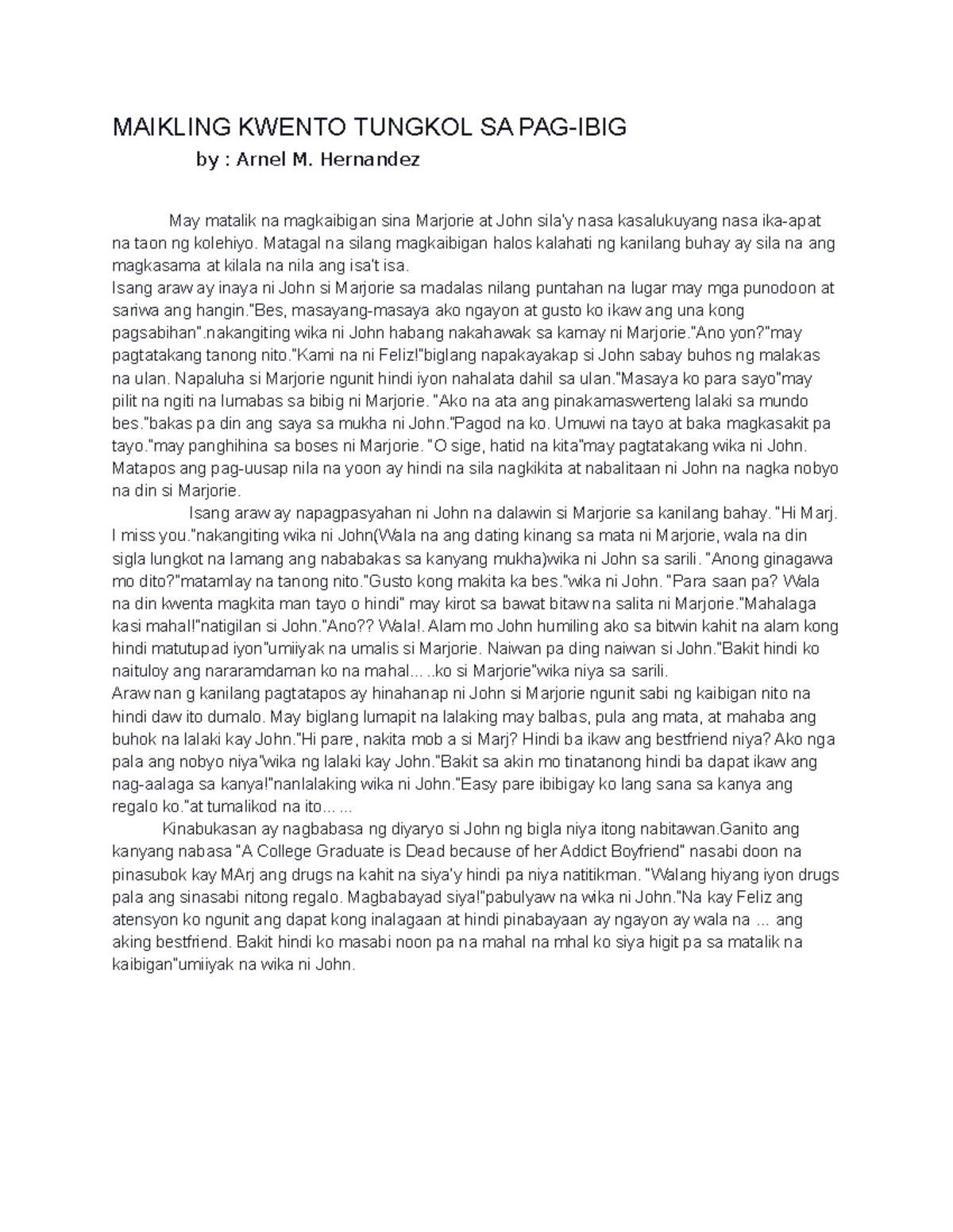 314907024 Maikling Kwento Tungkol sa Pag-ibig: Mga Aral at Damdamin - Studocu