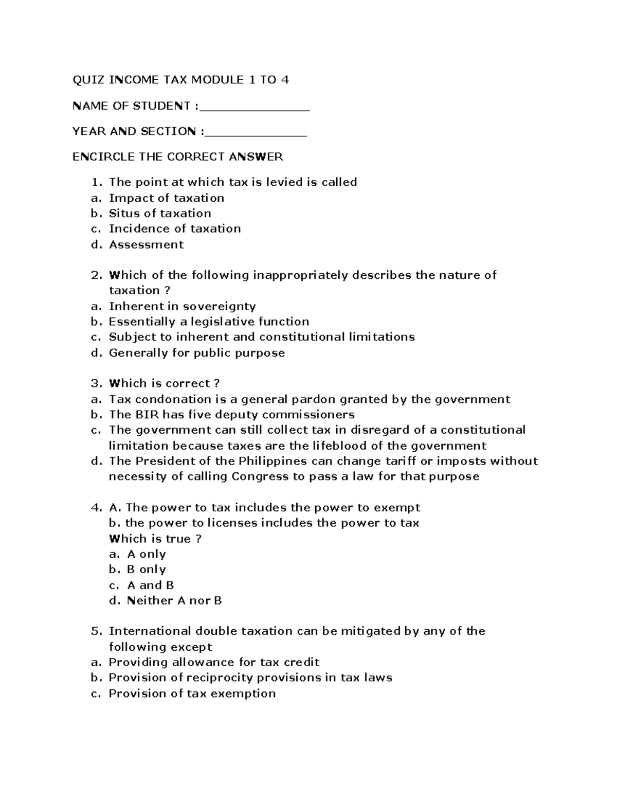 QUIZ: Income Tax Review for Modules 1 to 4 (Taxation Fundamentals ...