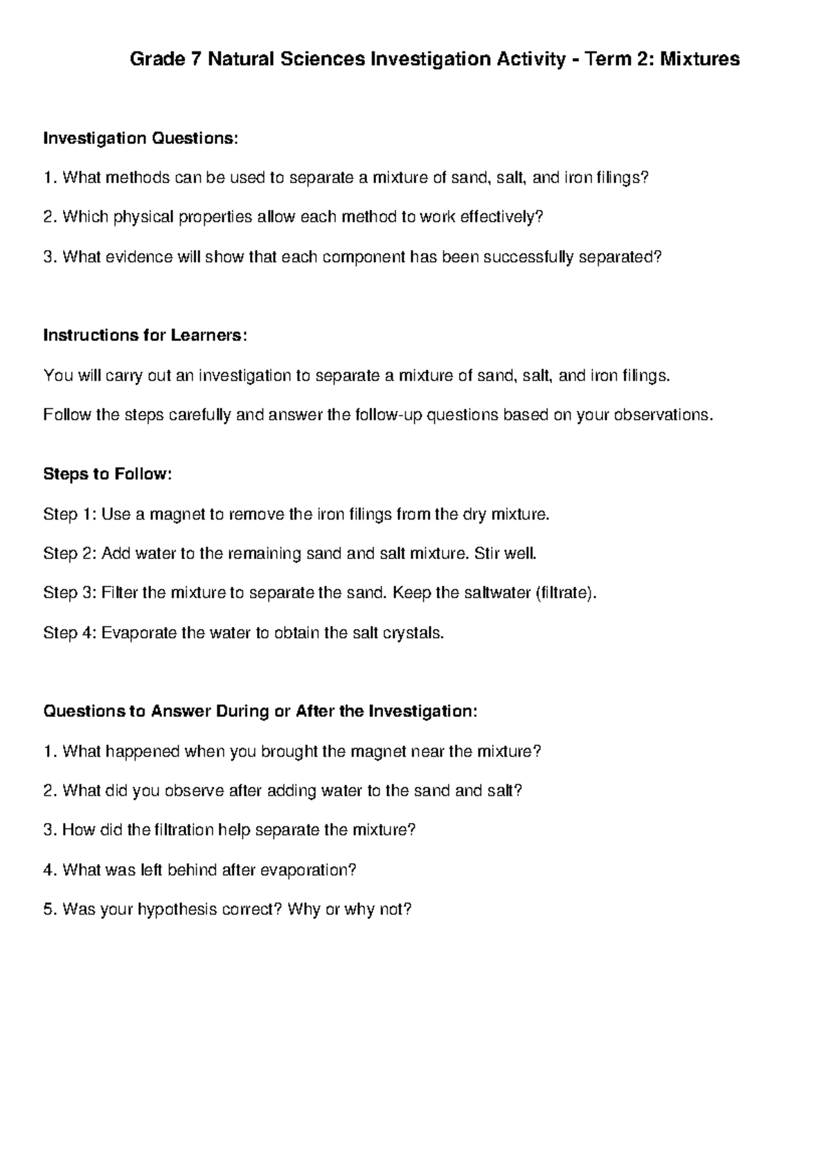 Grade 7 NS Term 2: Mixtures Investigation Activity Guide - Studocu