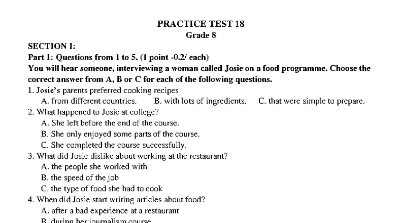 Practice Test 18: Grade 8 Listening & Lexico Grammar - Studocu