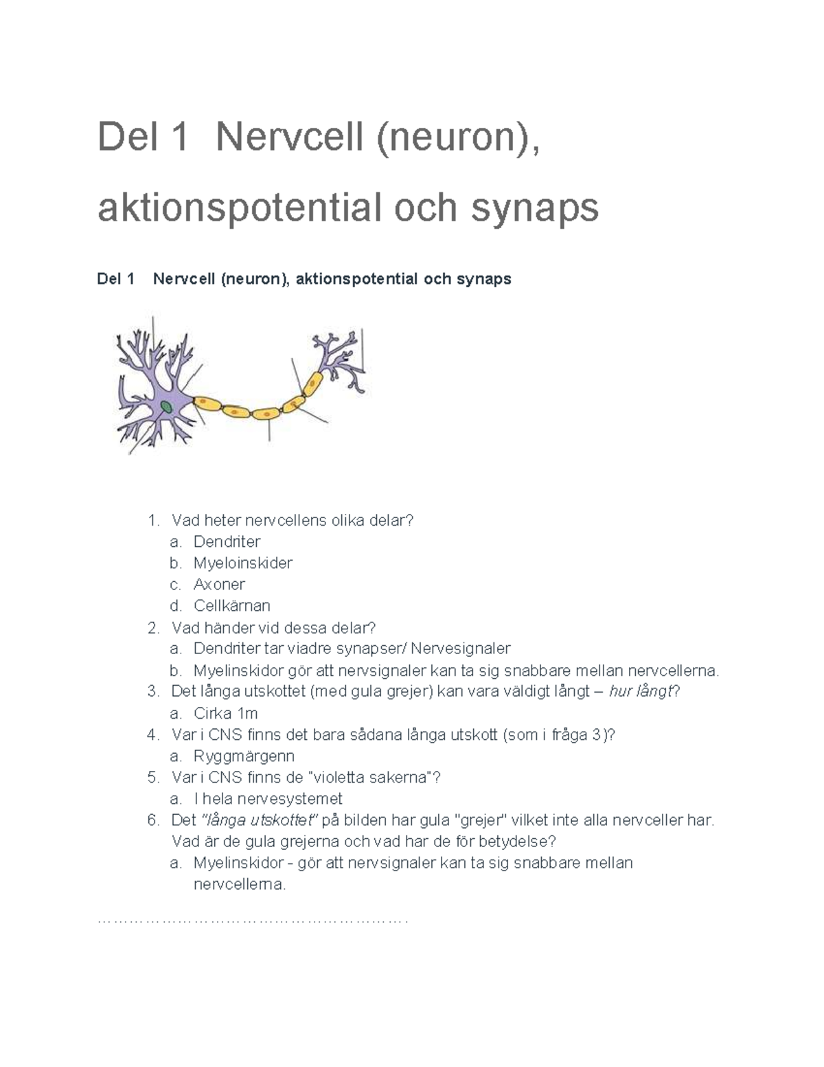 Workshop Nervesystemet: Nervcell, Aktionspotential och Synaps - Studocu
