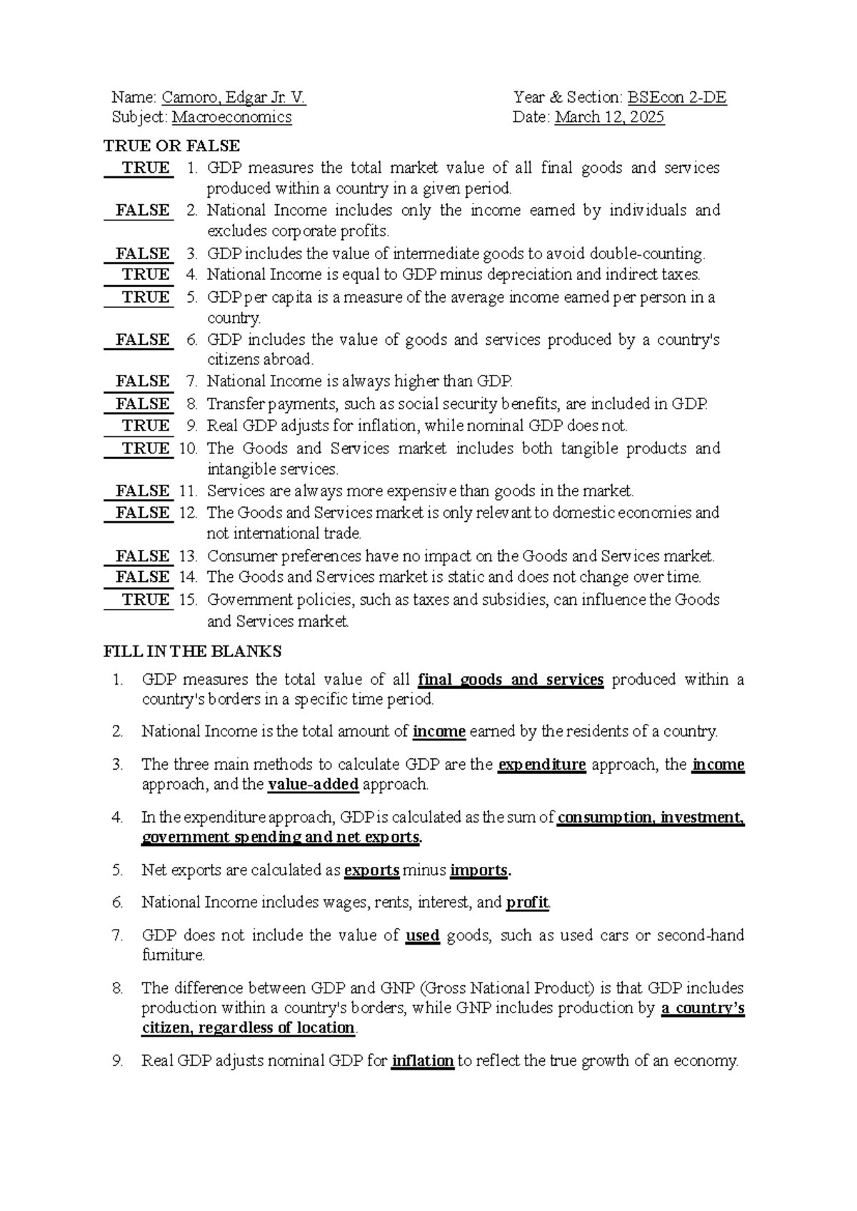Macroeconomics Quiz: True or False & Fill in the Blanks (BSEcon) - Studocu