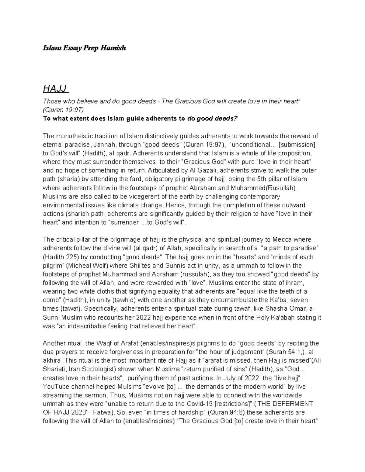 Islam Essay Prep: The Role of Hajj in Guiding Good Deeds (HAJJ) - Studocu