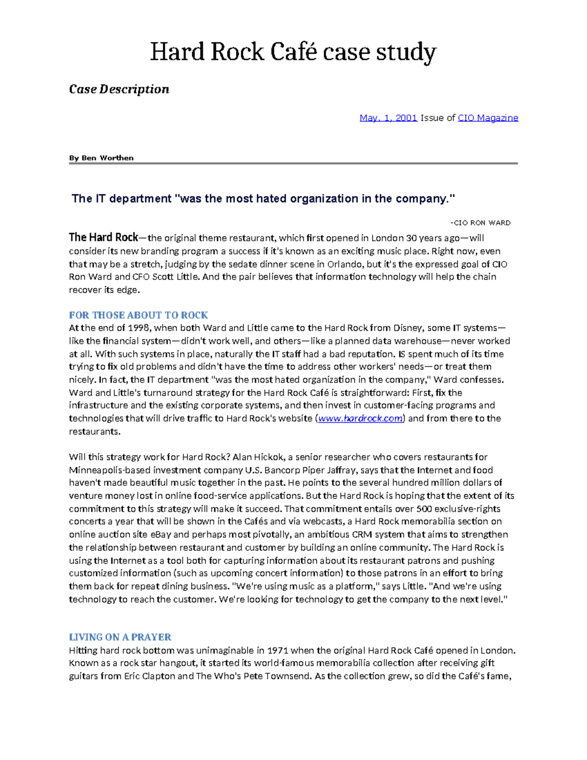 Hard Rock Café Case Study: IT Revitalization & CRM Strategies - Studocu