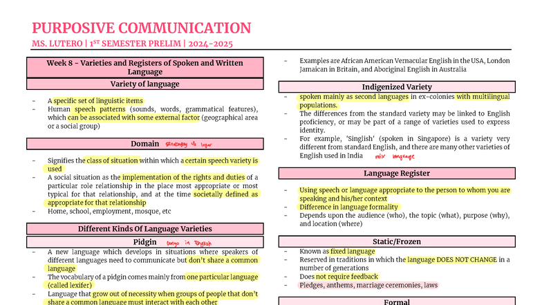 PURC 111 Midterm Exam Notes: Varieties & Registers of Language - Studocu