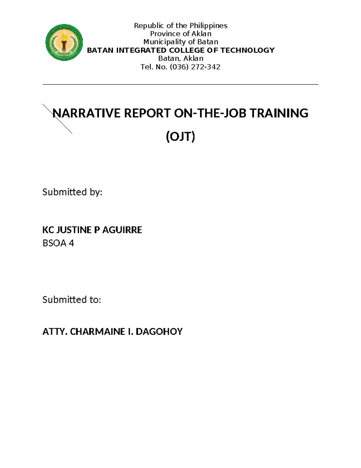 Narrative Report on OJT Experience - BSOA 4 - Studocu