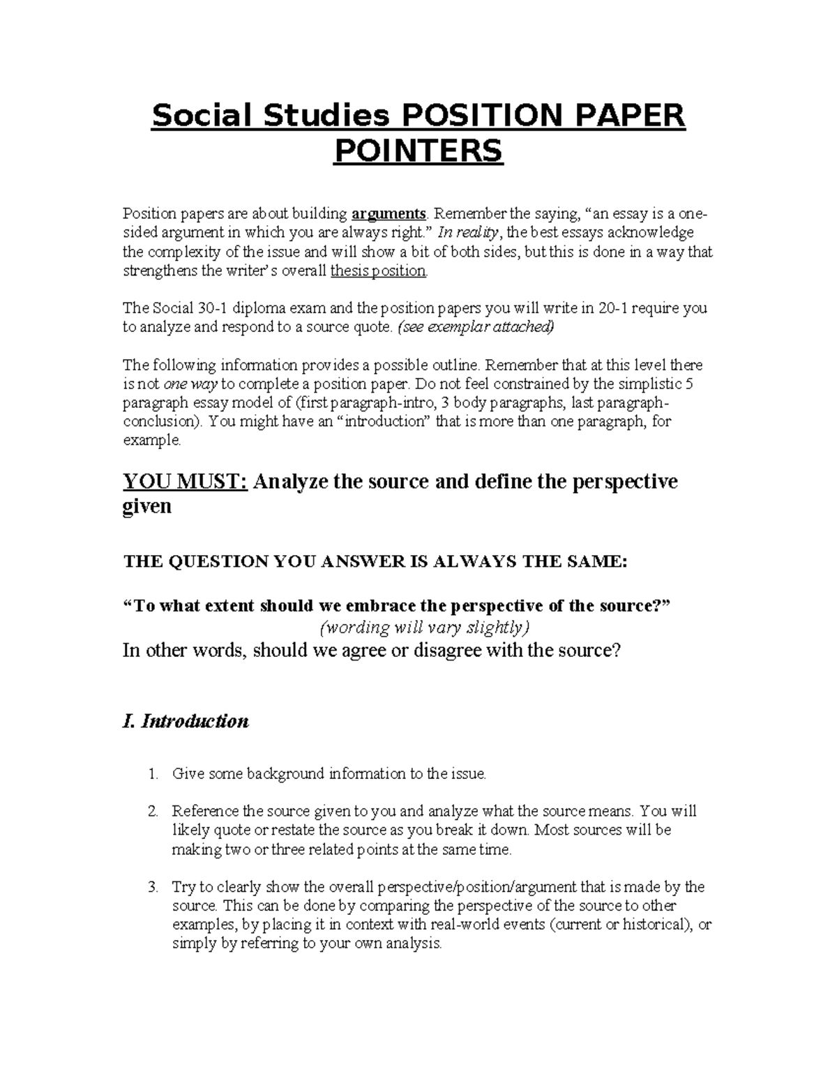 Social 20-1 Position Paper: Key Argument Building Pointers - Studocu