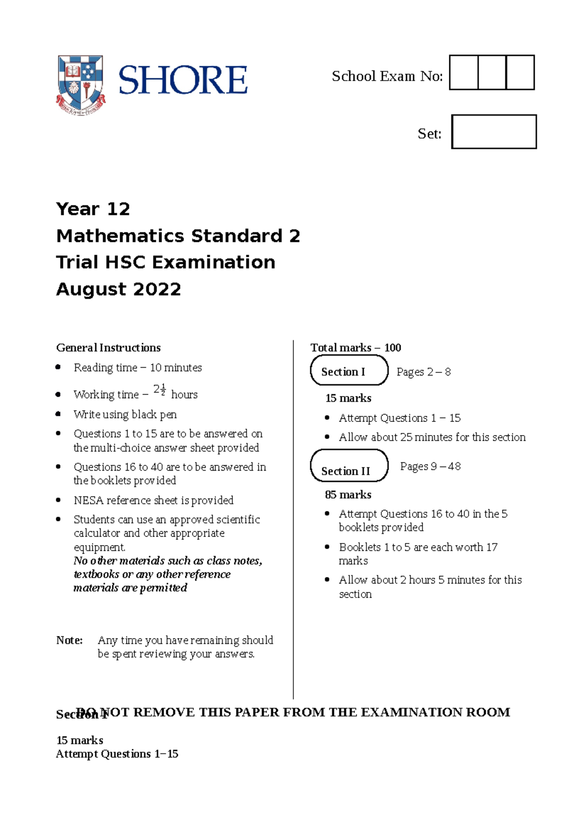 Year 12 Mathematics Standard 2 Trial HSC Exam - August 2022 - Studocu