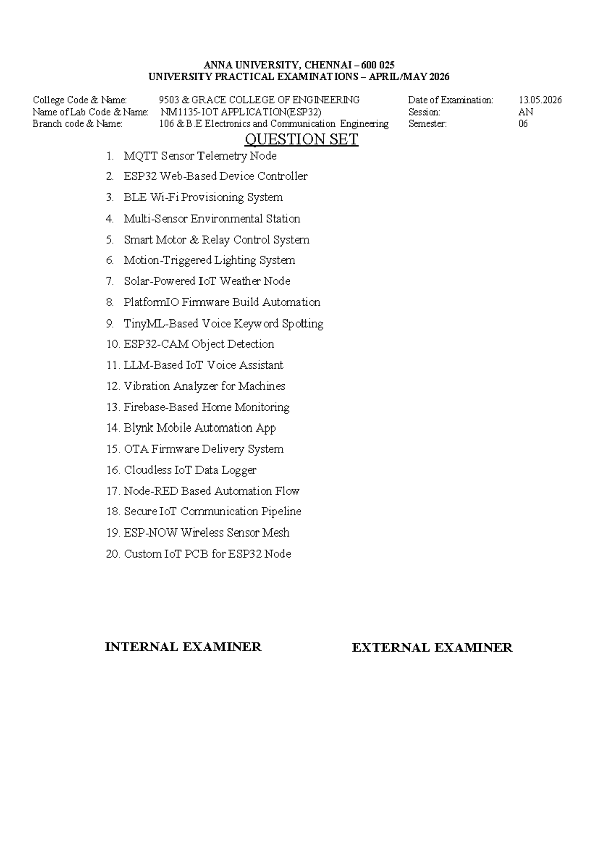 Question Set - B.E ECE Practical Exam 2026 (Code: 9503) - Studocu