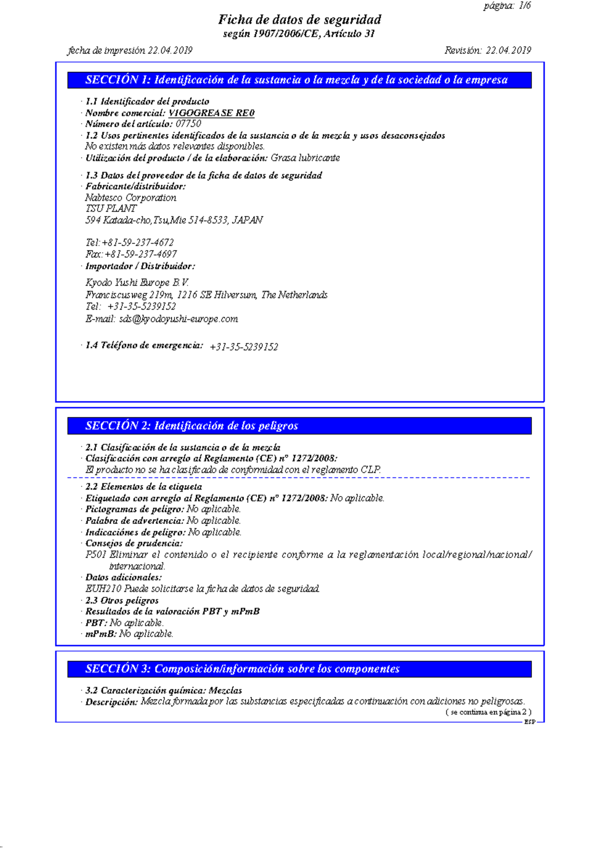 SDS Vigogrease RE - Ficha de Datos de Seguridad 2019 - Studocu