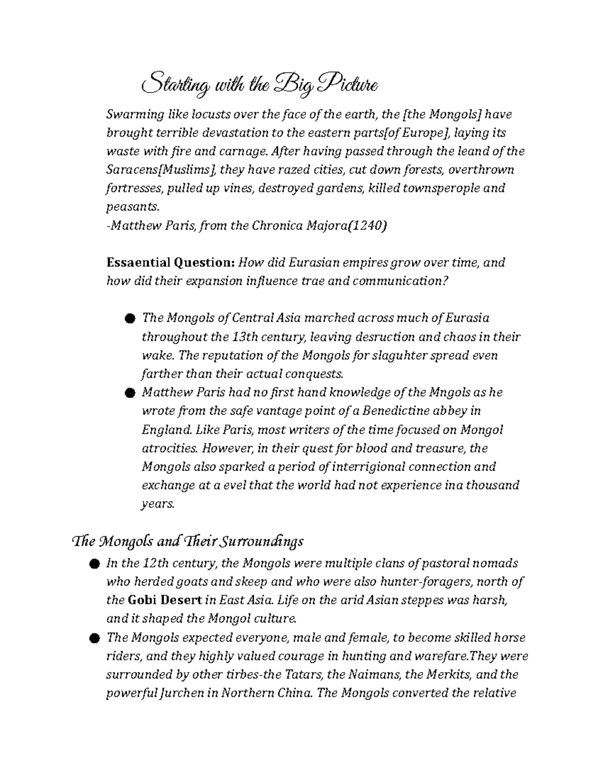 Amsco UNIT 2.2 Notes: The Rise and Impact of the Mongol Empire (1200 ...