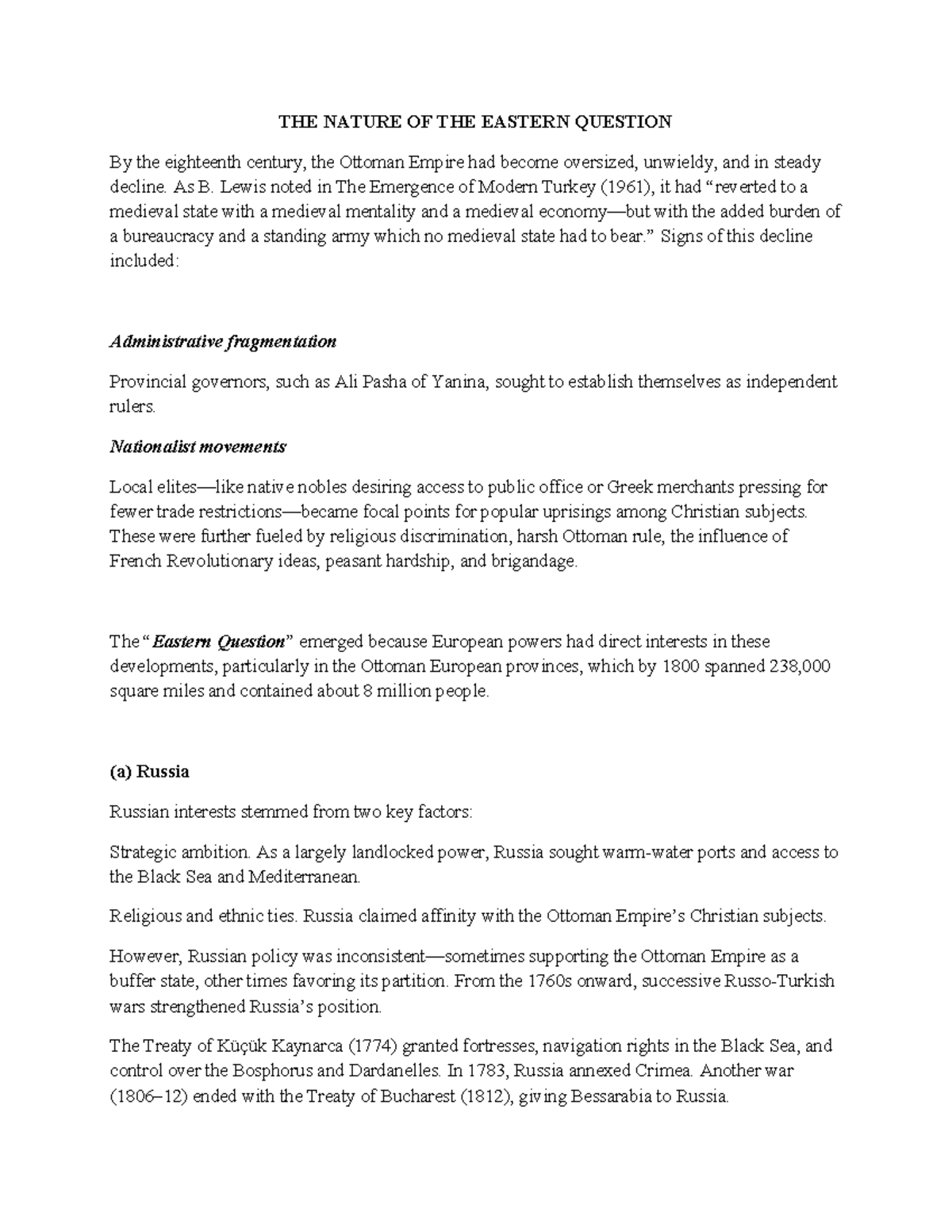 Eastern Question (1821-1832): Decline of the Ottoman Empire - Studocu