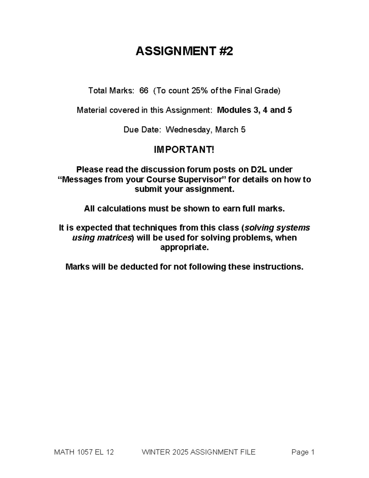 MATH 1057 EL 12 WINTER 2025 Linear Algebra Assignment 2 Details - Studocu
