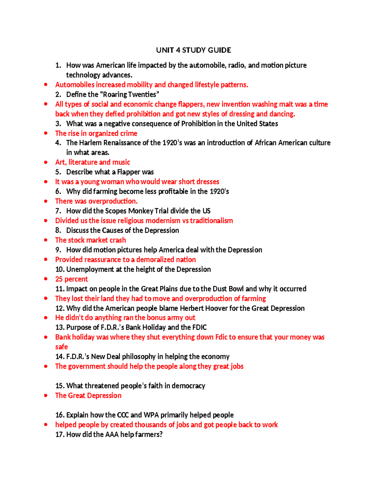 UNIT 4 Study Guide - UNIT 4 STUDY GUIDE How was American life impacted ...