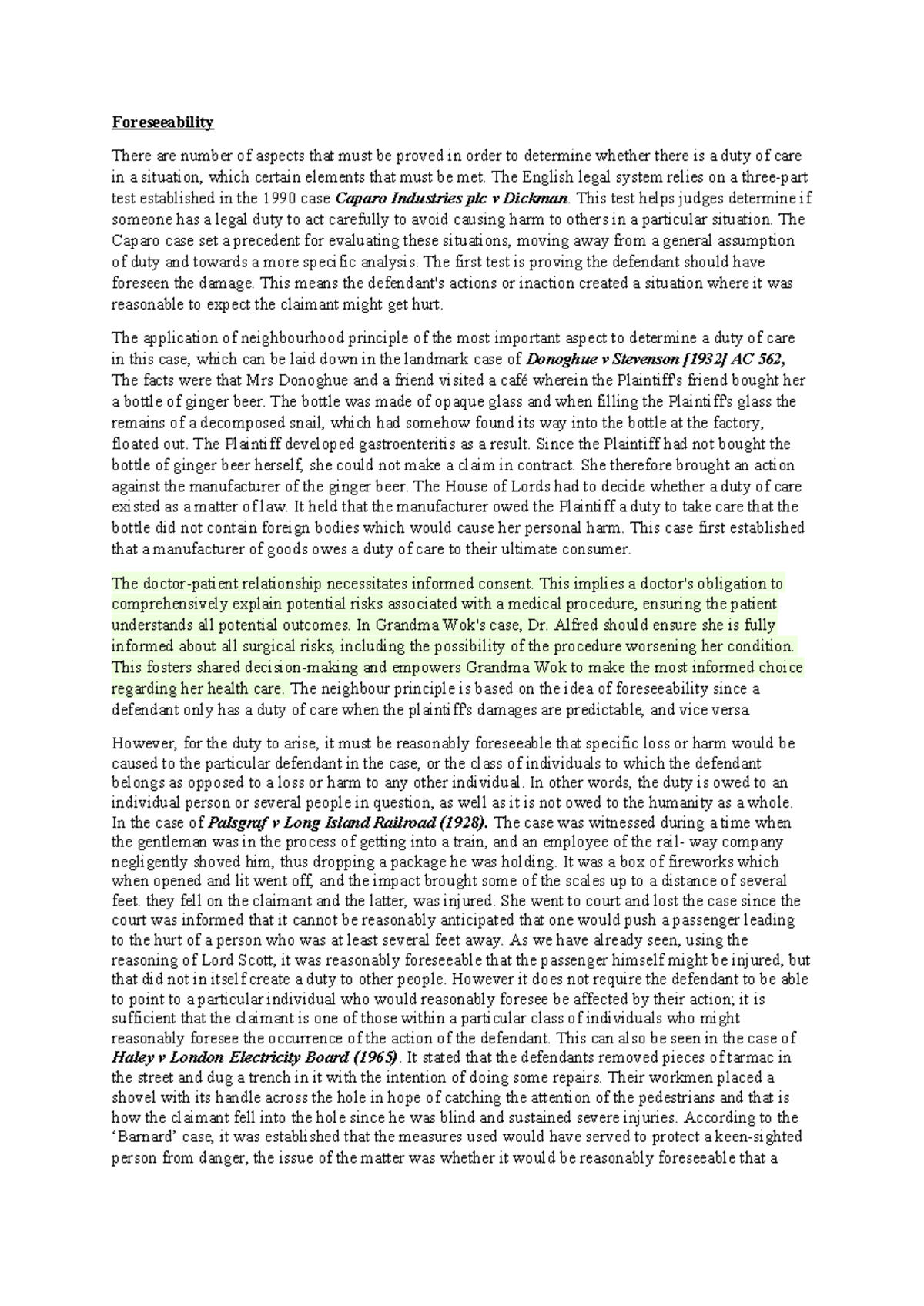 Assignment TORT - Duty of Care and Foreseeability Analysis - Studocu