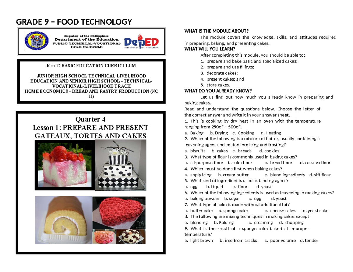 Grade 9 Food Technology - Module 3: Cake Preparation and Baking - Studocu