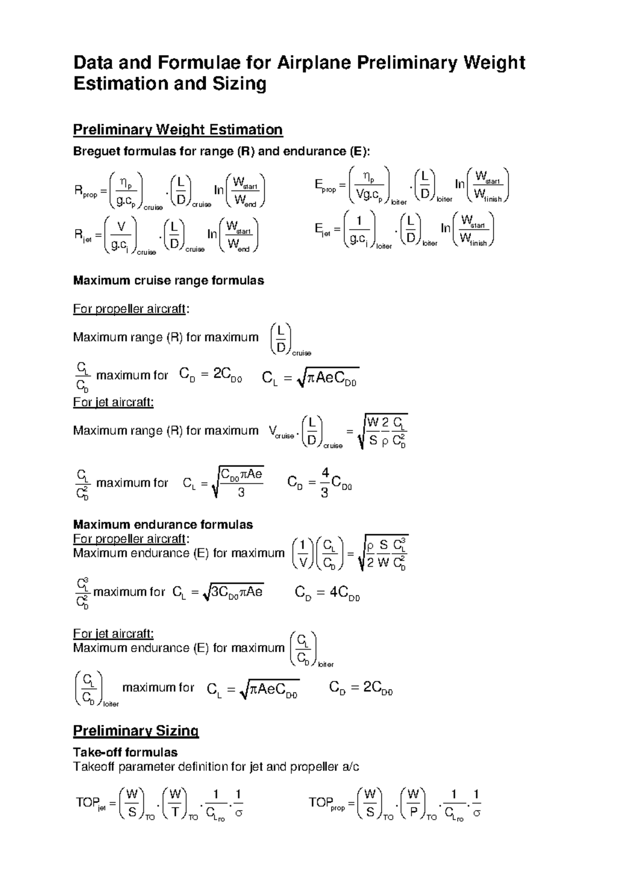 Aircraft Design Formulas & Weight Estimation (AER 201) - Studeersnel