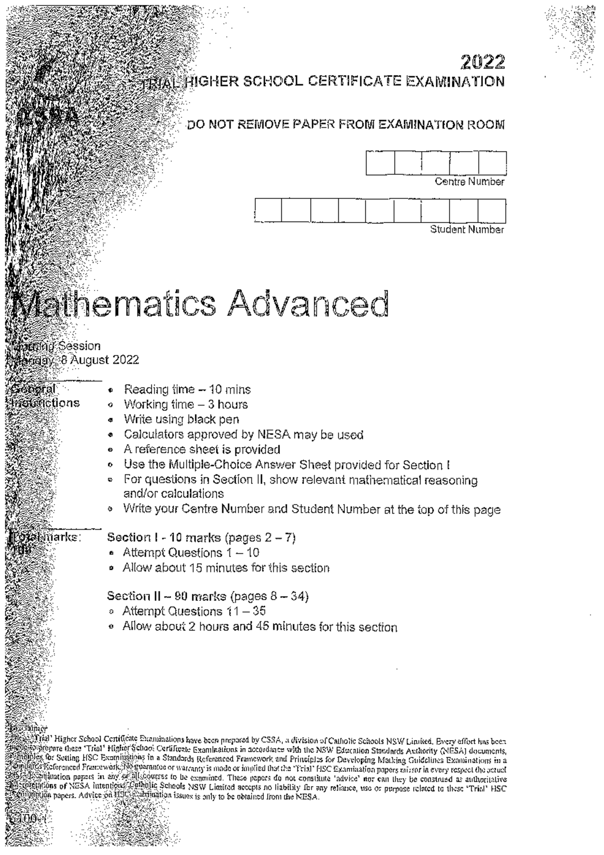 2022 CSSA Advanced Maths Trial HSC Exam Paper - Studocu