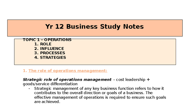 Yr 12 Business Study Notes: Operations Management Overview - Studocu