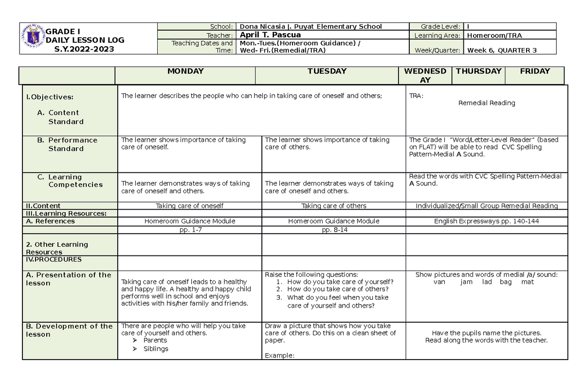 Grade 1 homeroom guidance week 6 - GRADE I DAILY LESSON LOG S.Y- School ...