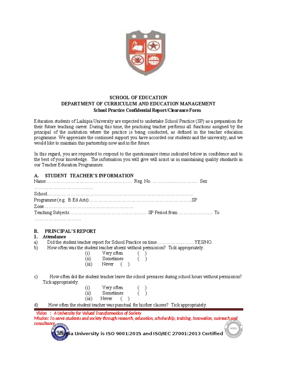 Laikipia University Education SP Confidential Report Form - Studocu