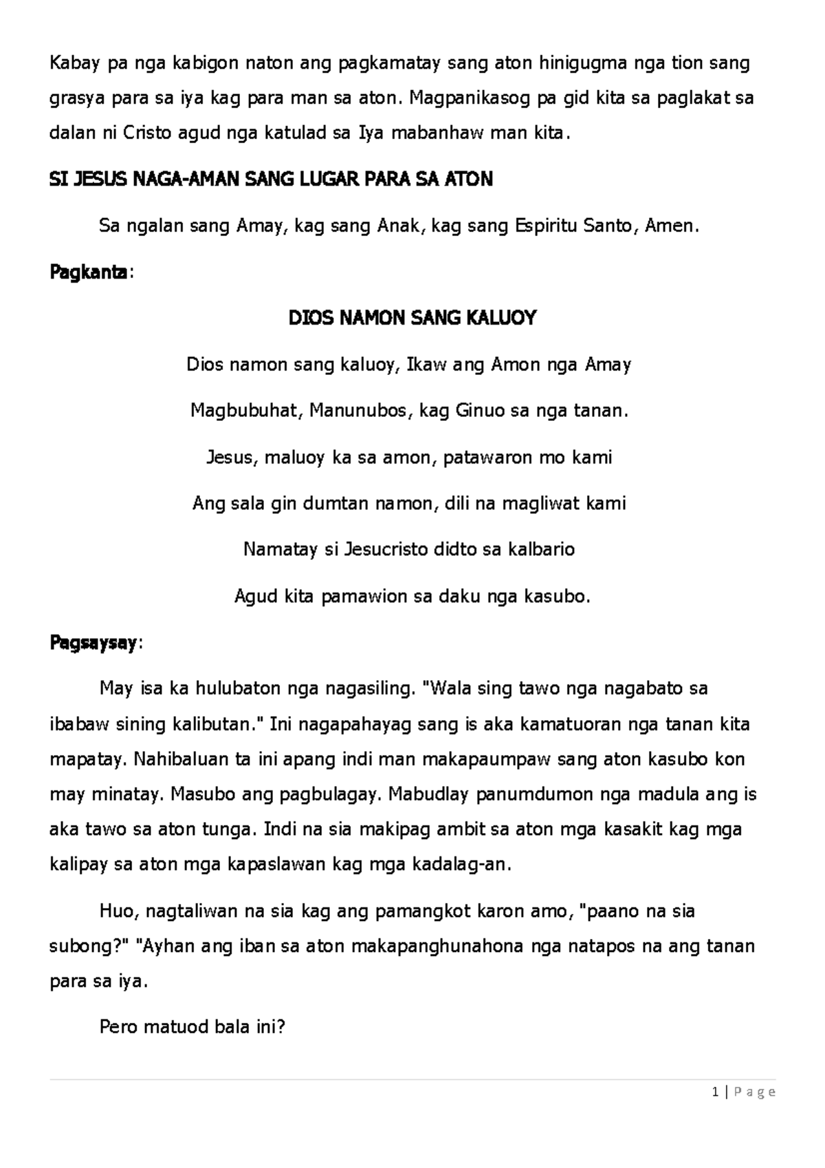 Balasahon 1 - Pagpanamkon sang Kamatayon kag Paglaum sa Iya - Studocu