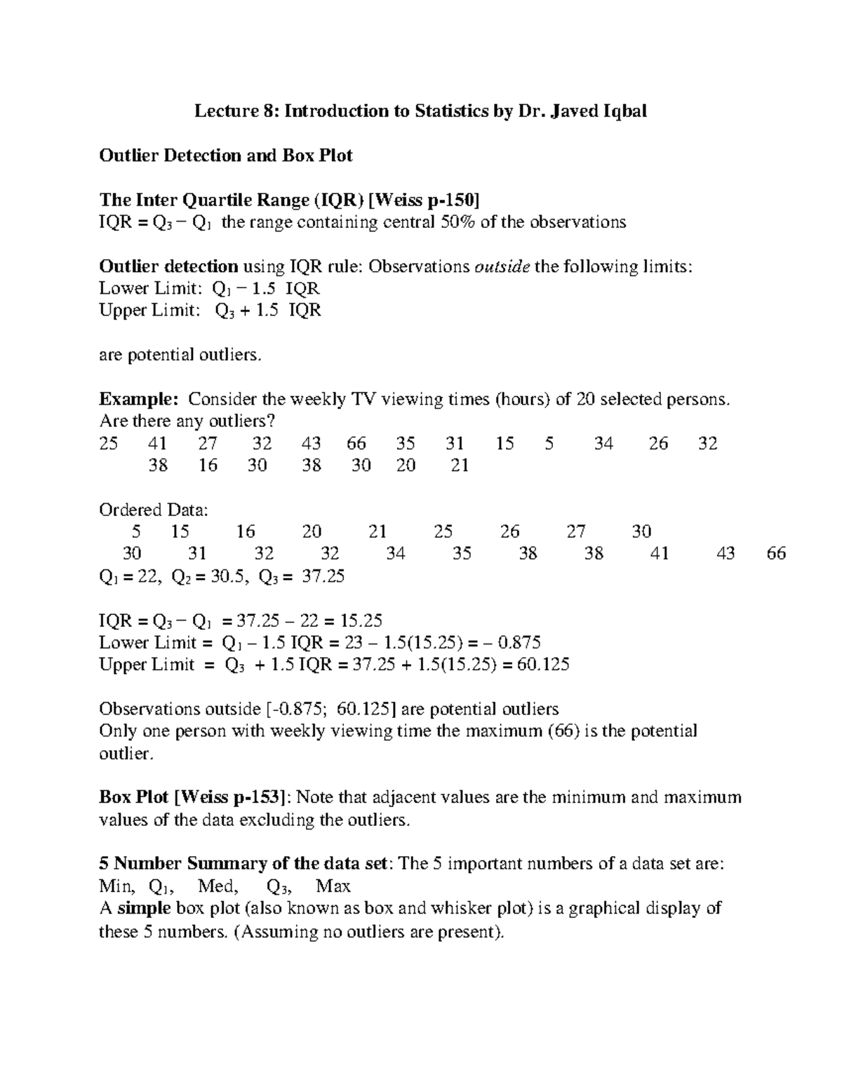 Lec 8 Outlier Detection Box Plot In Statistics Studocu