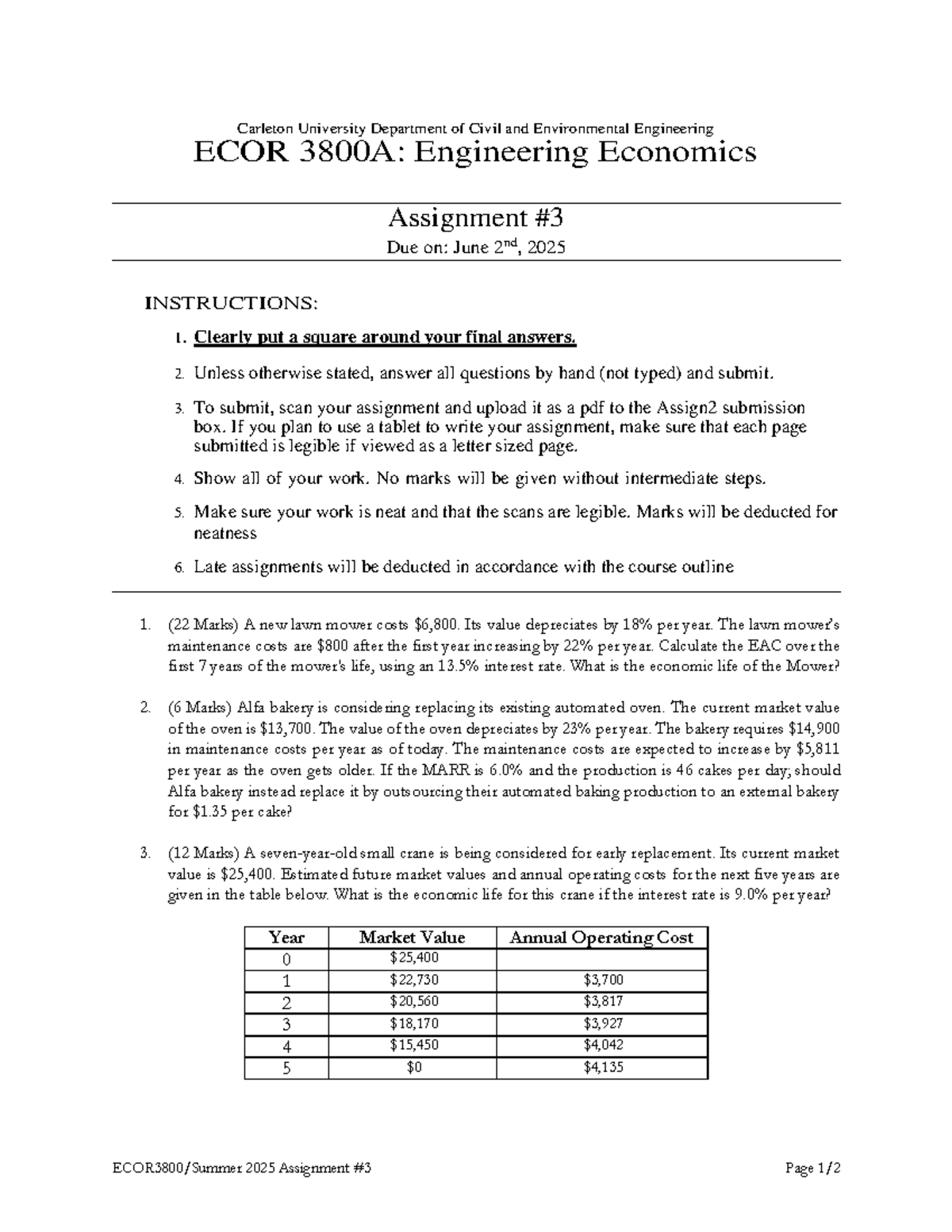 ECOR 3800A: Engineering Economics Assignment 3 - Summer 2025 - Studocu