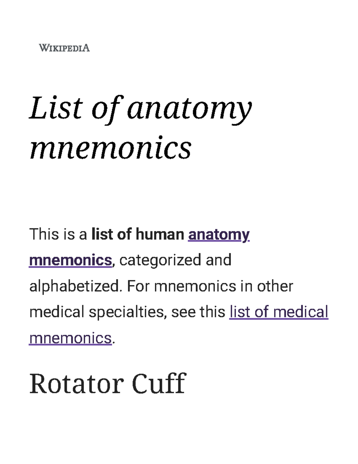 Anatomy Mnemonics List for Easy Recall - Studocu