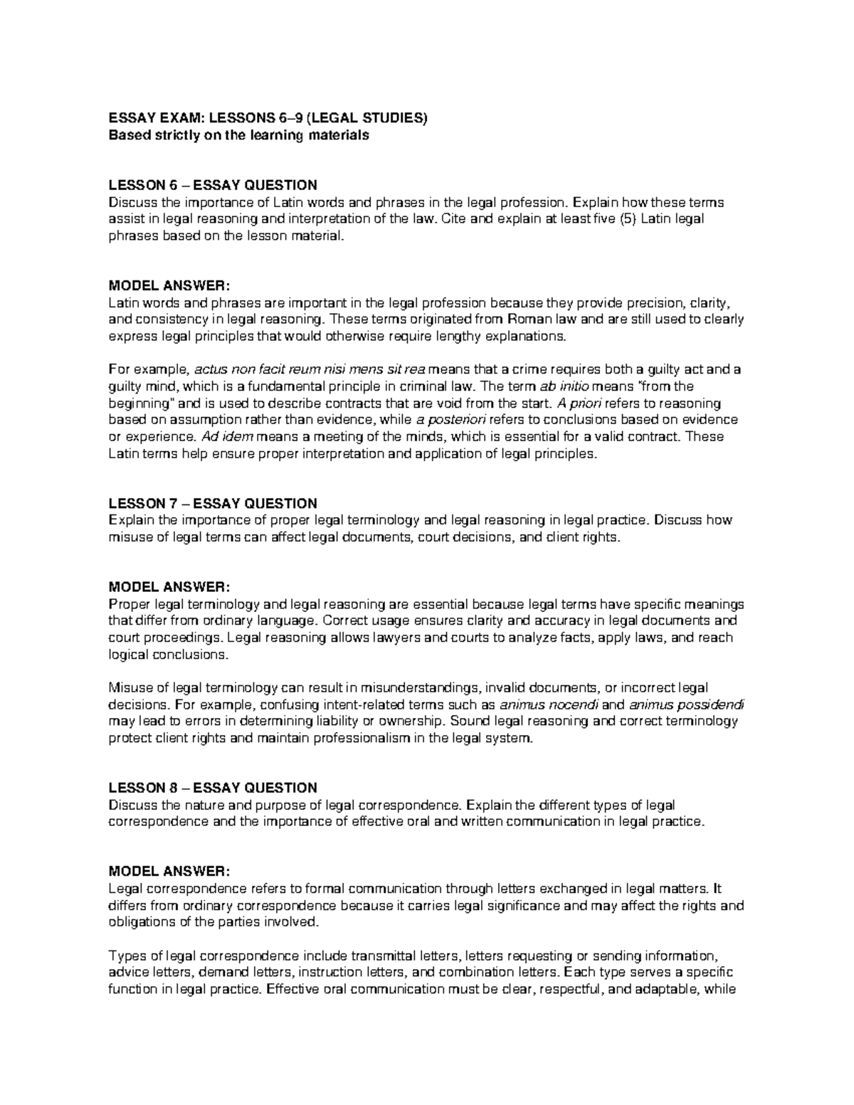 ESSAY EXAM: LEGAL TERMINOLOGY & REASONING (LEGAL STUDIES) - Studocu
