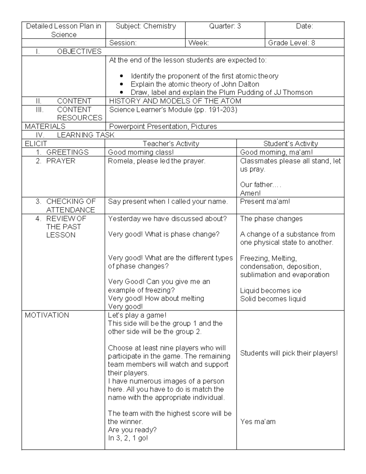 Lesson 6 Chemistry - Detailed Lesson Plan in Science Subject: Chemistry ...