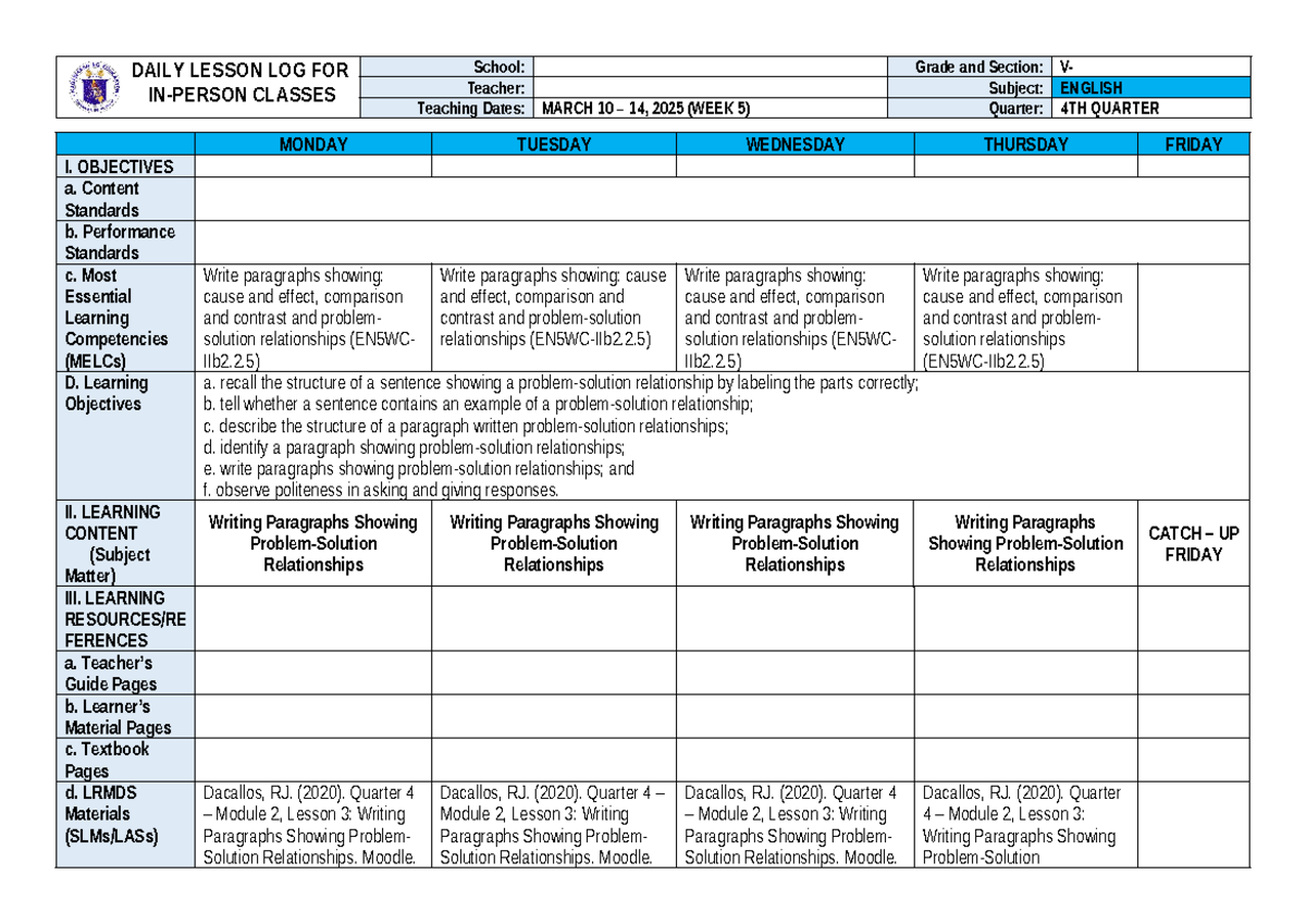 Q4 English DLL WEEK 5 - teaching purpose - DAILY LESSON LOG FOR IN ...