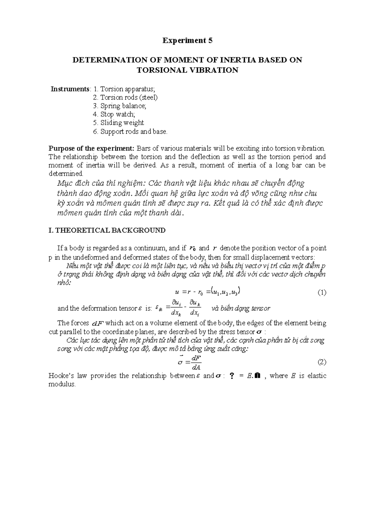 5 Torsional vibration and moment of inertia - Experiment 5 DETERMINATION OF MOMENT OF INERTIA ...