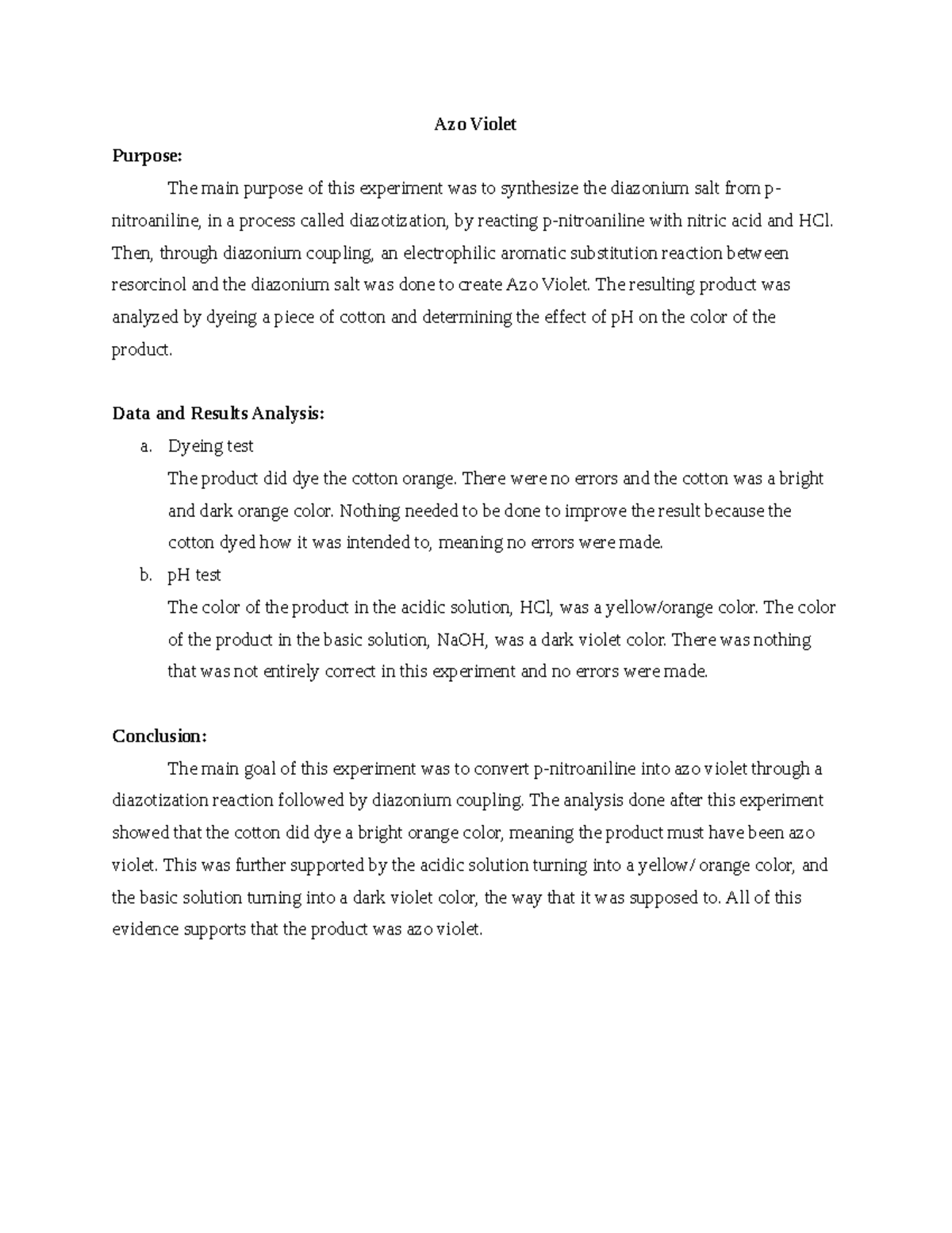 Azo Violet experiment - Azo Violet Purpose: The main purpose of this ...
