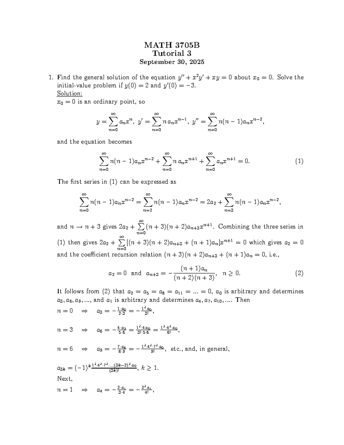 MATH 3705B Tutorial 3 Solutions and General Equation Analysis - Studocu