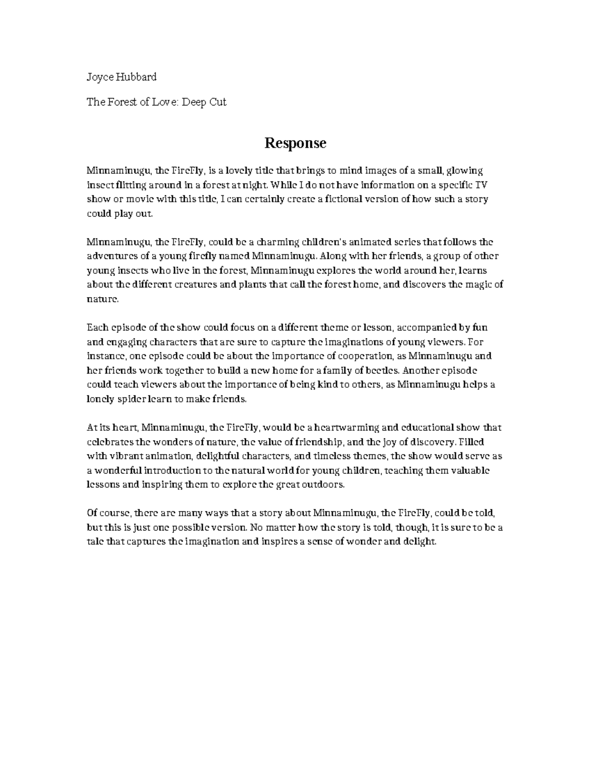 Minnaminugu the Fire Fly 5 Response - Joyce Hubbard The Forest of Love ...