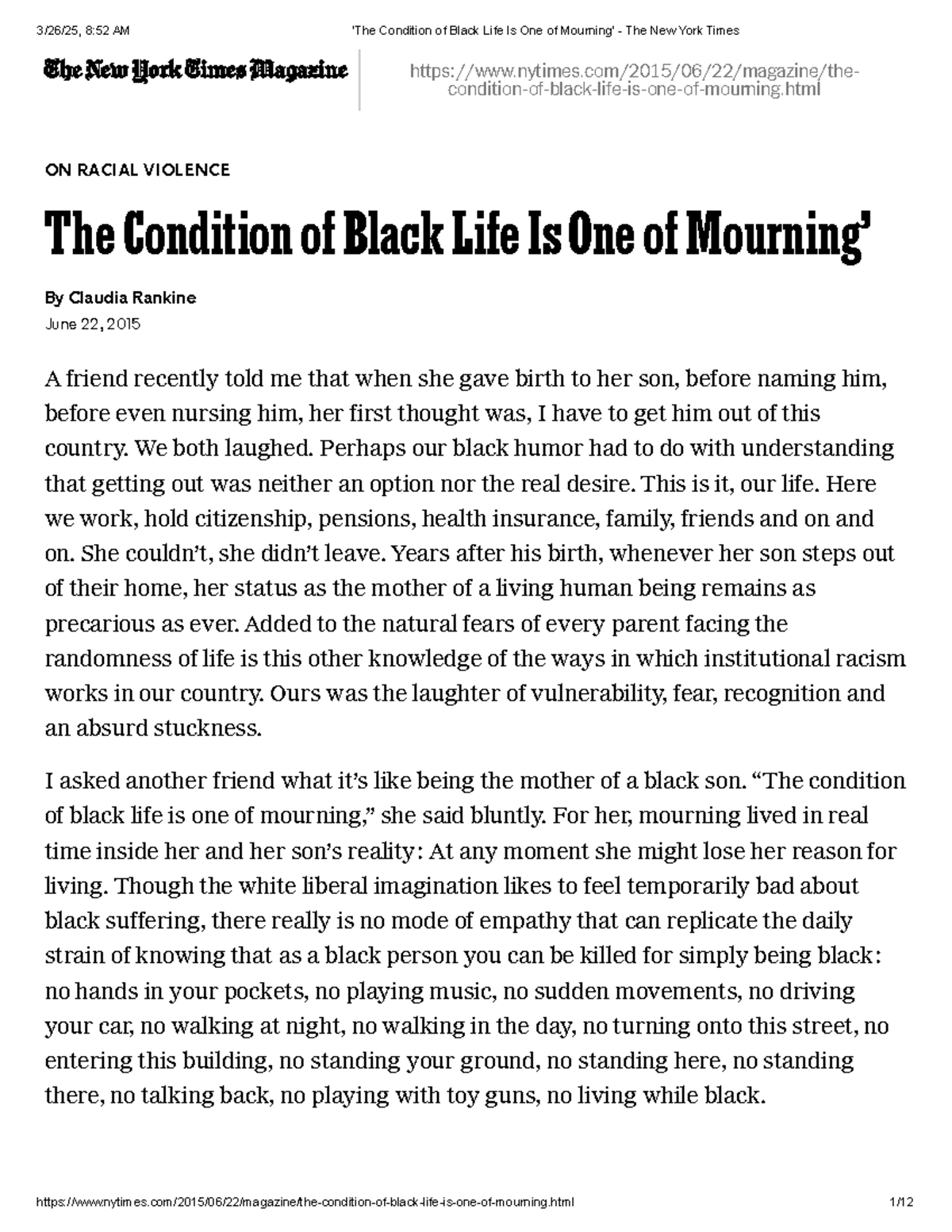 The Condition of Black Life: Mourning and Resistance (ENG 101 ...