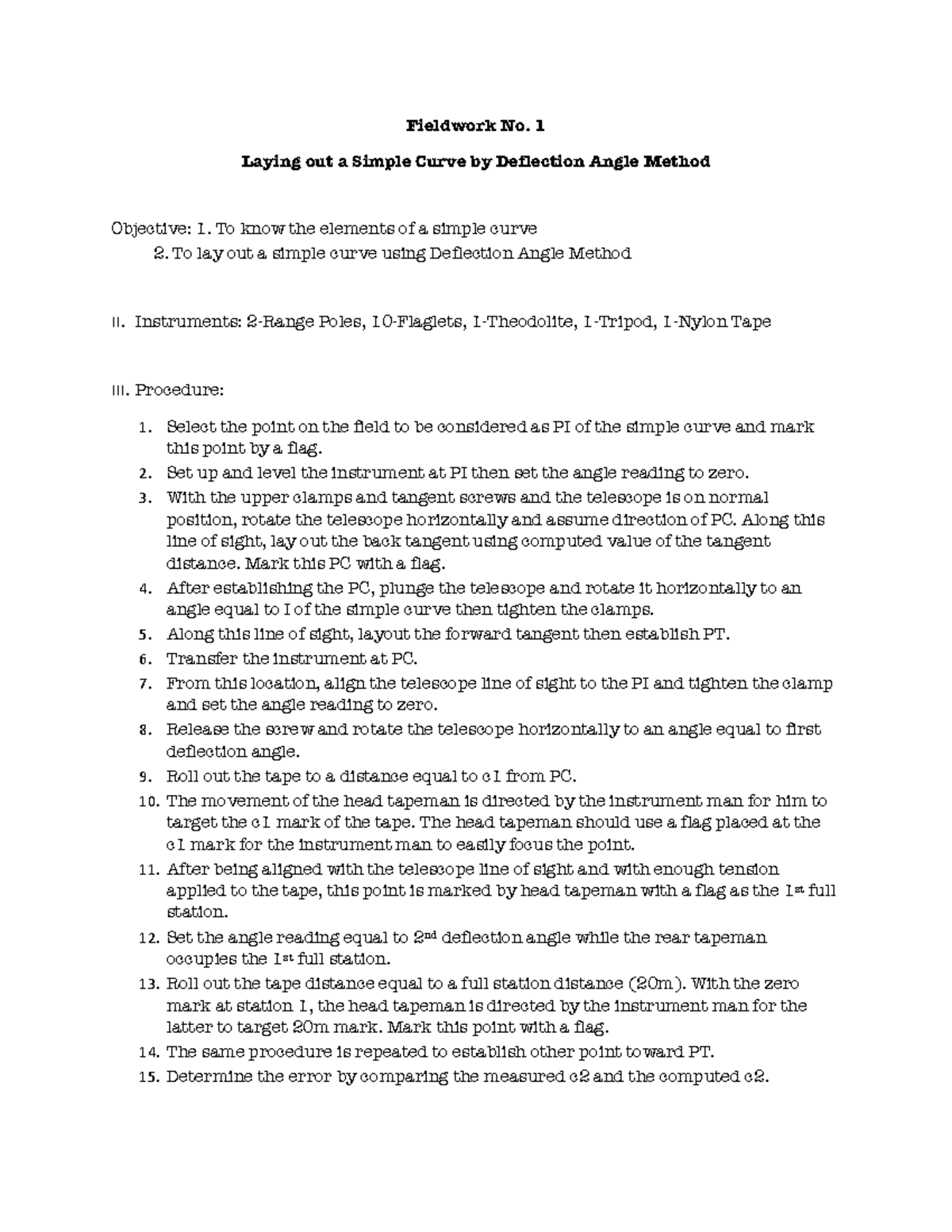 Fieldwork 1 - About Laying out a Simple Curve by Deflection Angle ...