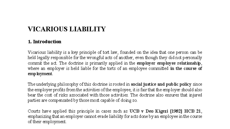VICARIOUS LIABILITY: Key Principles and Case Law Analysis - Studocu