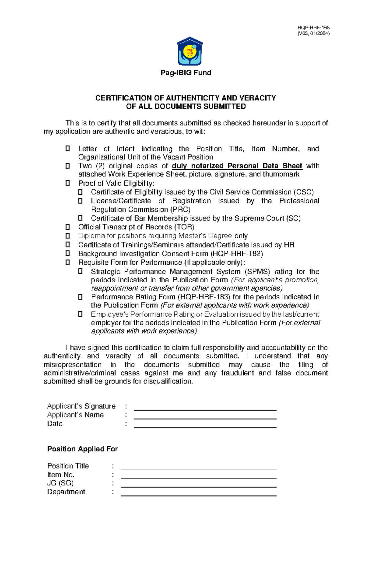 (V03) HRF165 Certification of Authenticity and Veracity of Documents ...