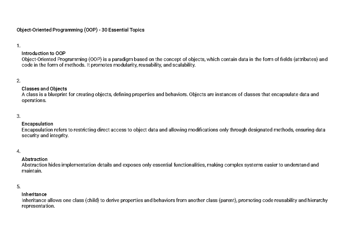 OOPS 30 Essential Topics for Effective Learning and Practice - Studocu