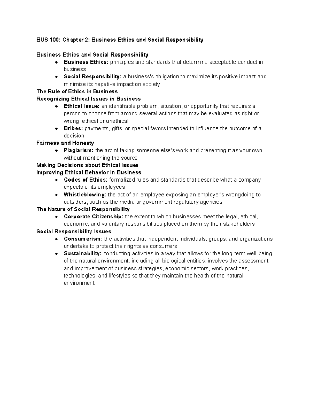 BUS 100 Chapter 2: Overview of Business Ethics & Social Responsibility ...