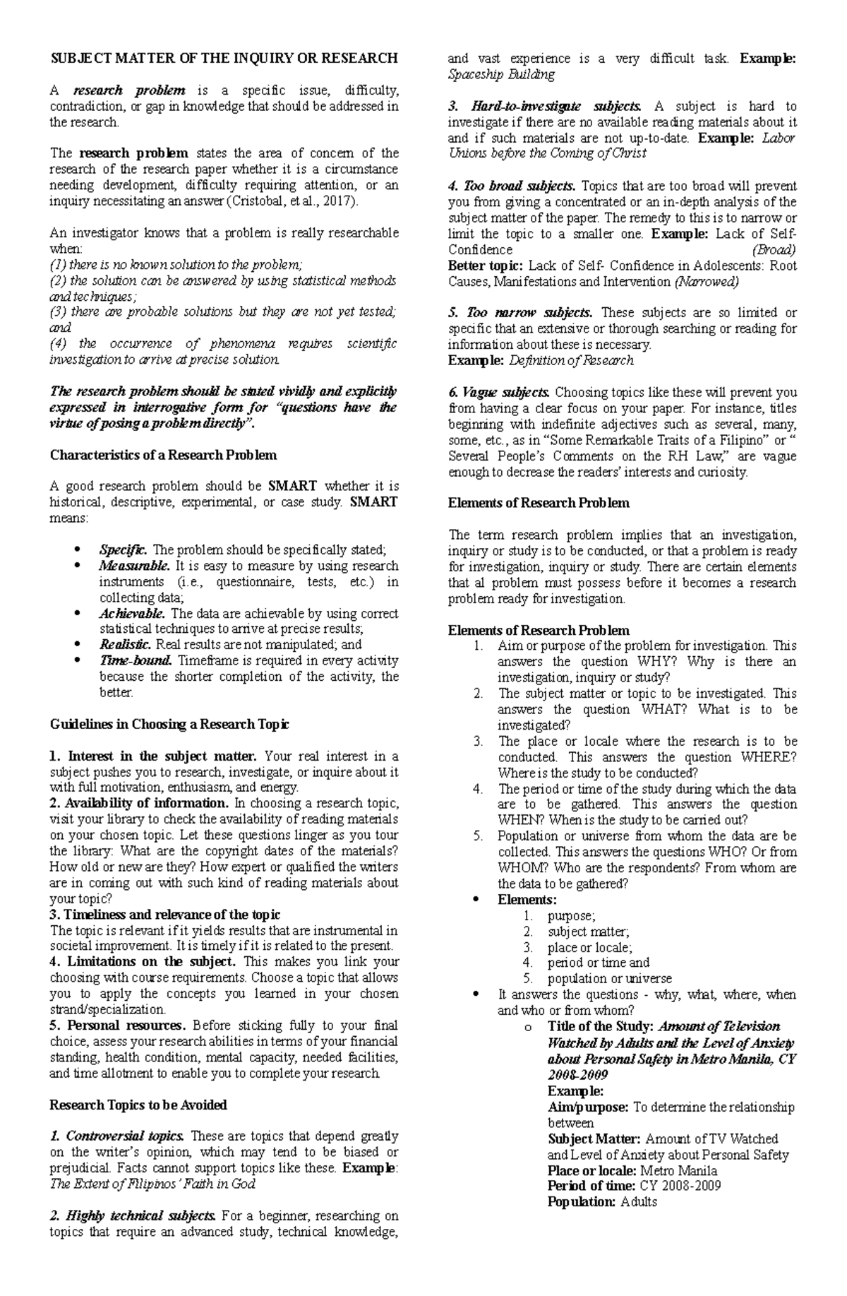 Subject Matter OF THE Inquiry OR Research - SUBJECT MATTER OF THE ...