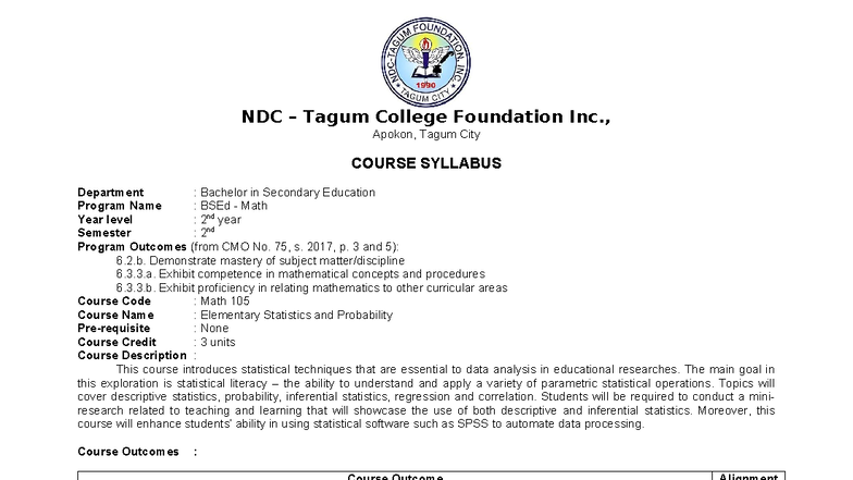 Math 105: Elementary Statistics and Probability Course Syllabus - Studocu