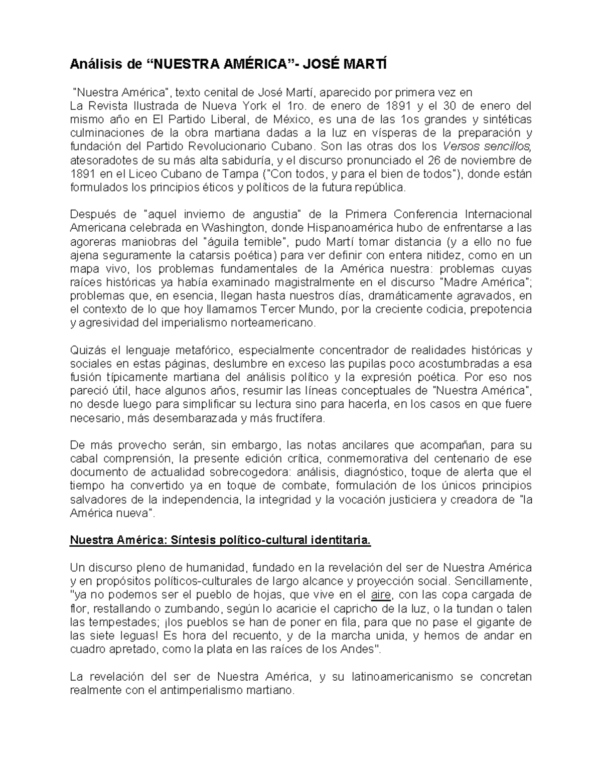 Análisis Crítico de "Nuestra América" - José Martí - Ensayo 1891 - Studocu