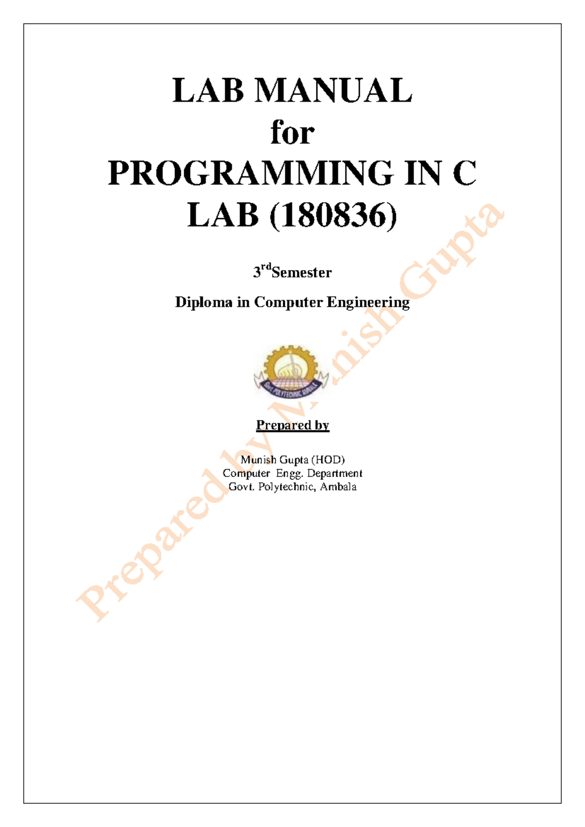 C Programming Lab Manual - Semester 3 (LAB: 1 8 0836) - Studocu
